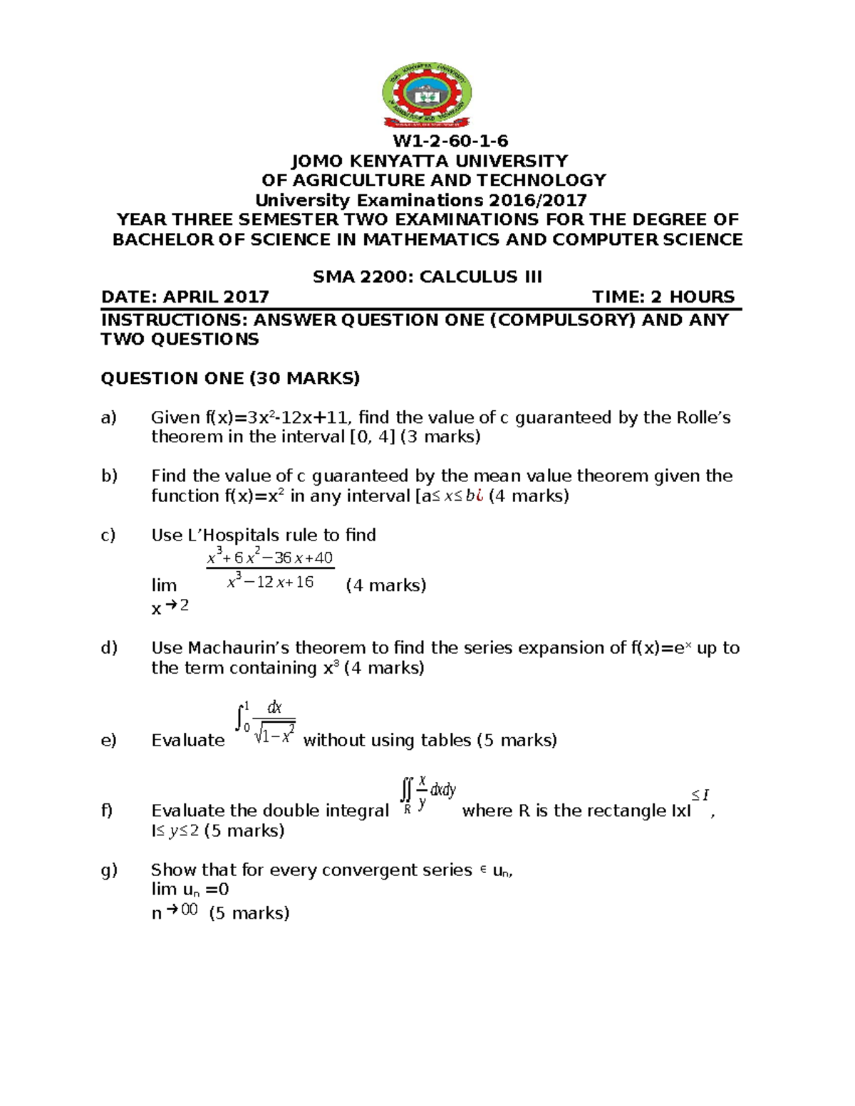 SMA 2200: Calculus III Exam Paper - April 2017 - Studocu
