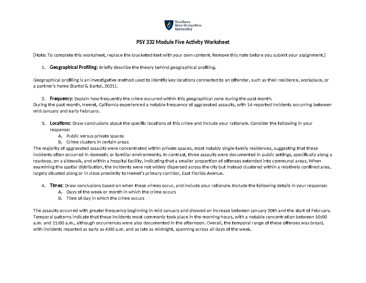 PSY 332 Geographical Profiling & Crime Analysis Worksheet - Studocu