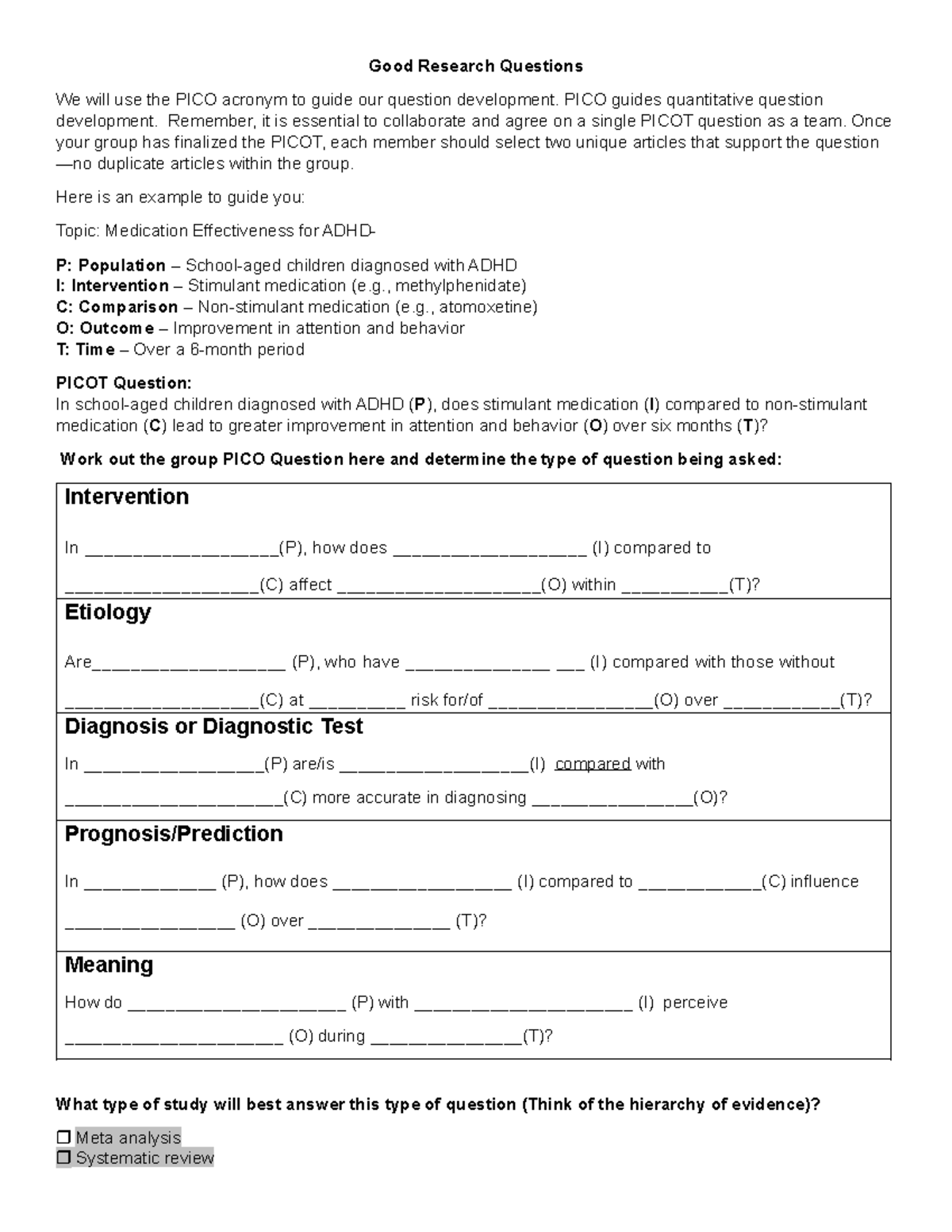 NR449 PICOT Question Development Worksheet - Studocu