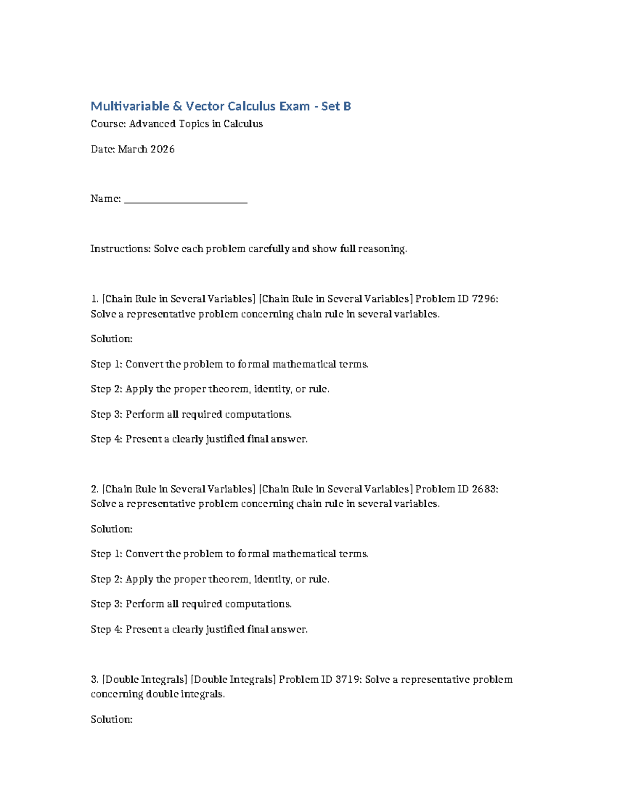 Advanced Topics in Calculus: Multivariable Vector Calculus Exam Set B ...
