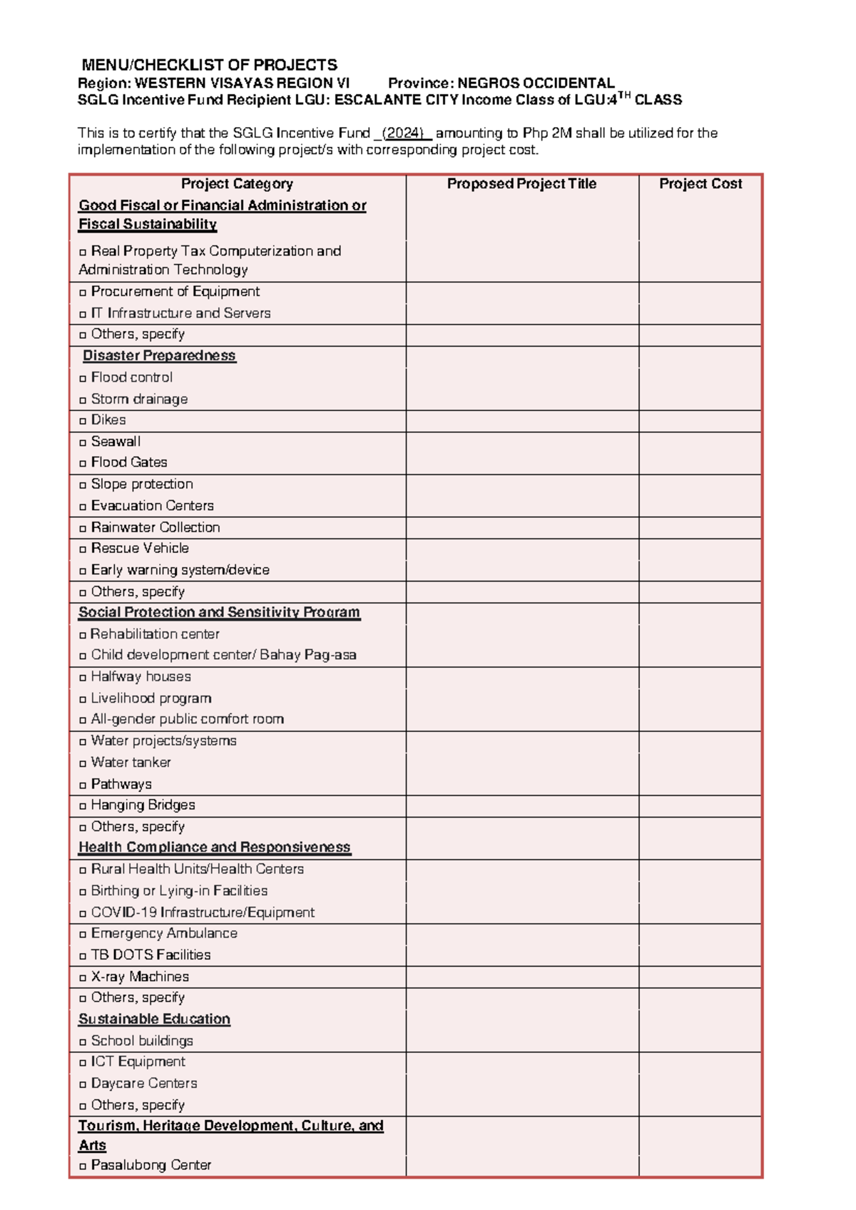 2024-SGLG Menu Checklist for Escalante City Projects - Studocu
