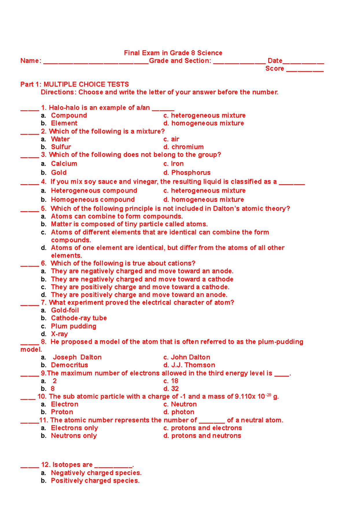 Final Exam G8 - Science Comprehensive Assessment Document - Studocu
