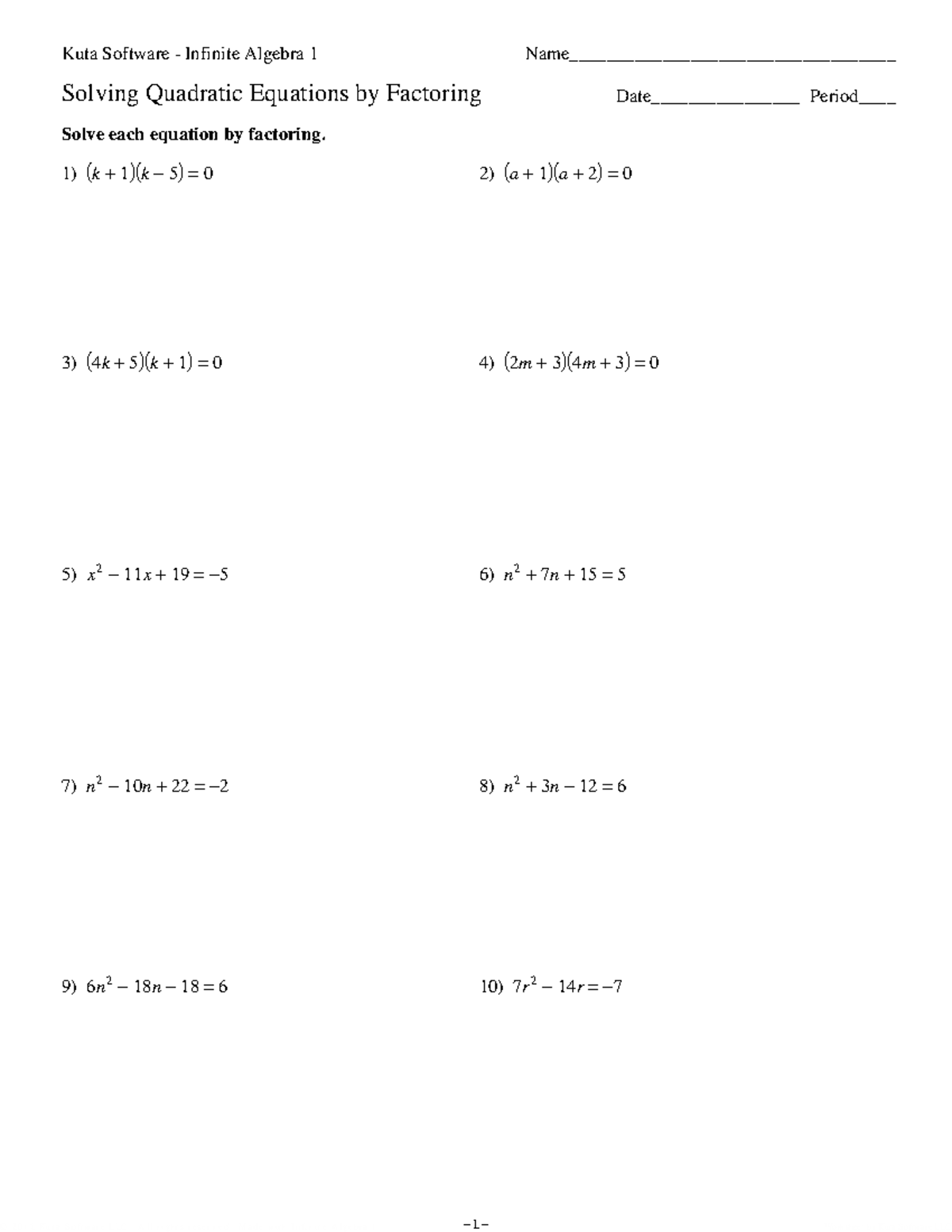 MTH 1W5 - Solving Quadratic Equations by Factoring Worksheet - Studocu