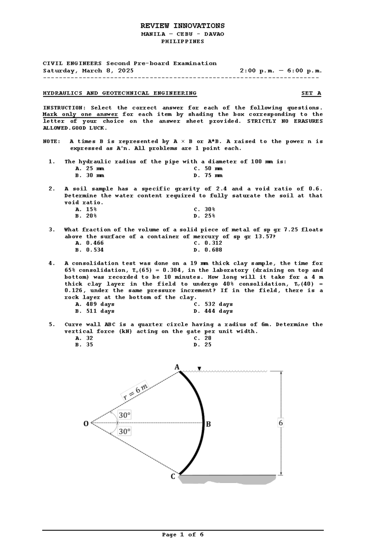 Second Preboard Exam: Civil Engineering HGE - Hydraulics & Geotechnical - Studocu