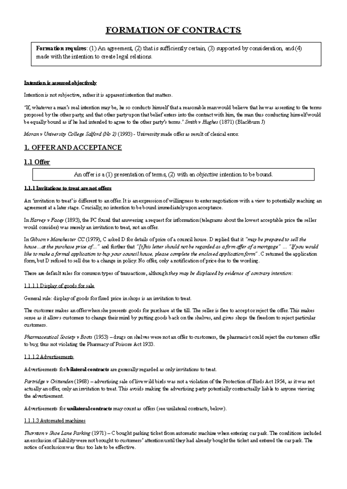 CLEN1 Formation of Contracts - Key Concepts and Case Law Notes - Studocu