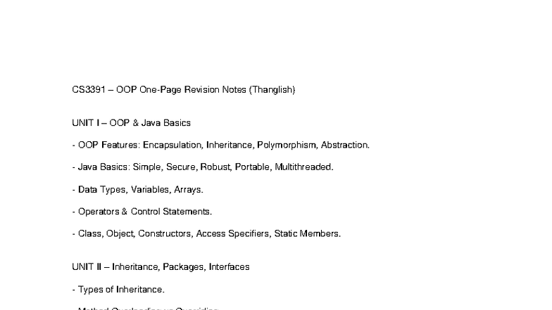 CS3391 OOP Revision Notes: Java Basics & Key Concepts - Studocu
