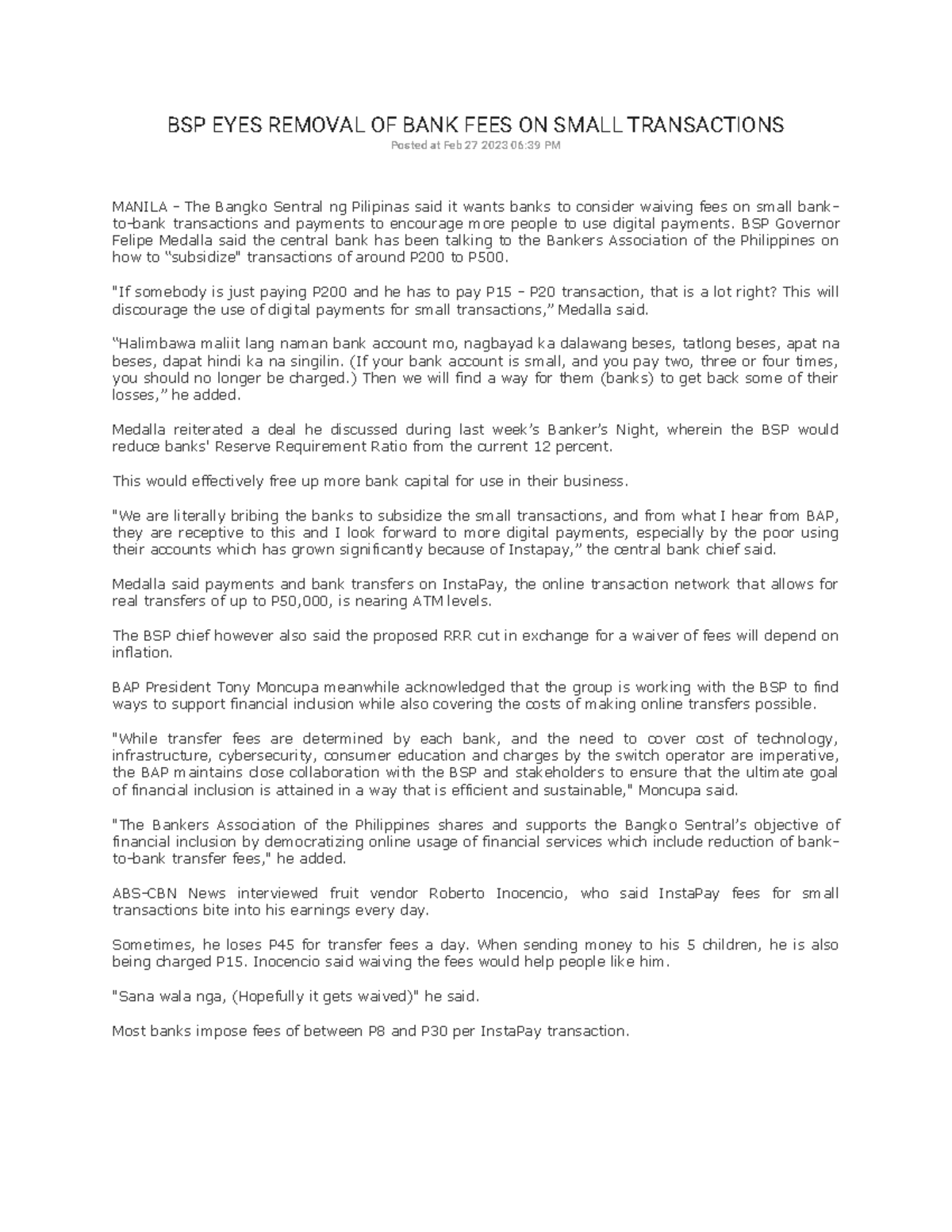 BSP's Push to Waive Fees on Small Bank Transfers for Financial ...