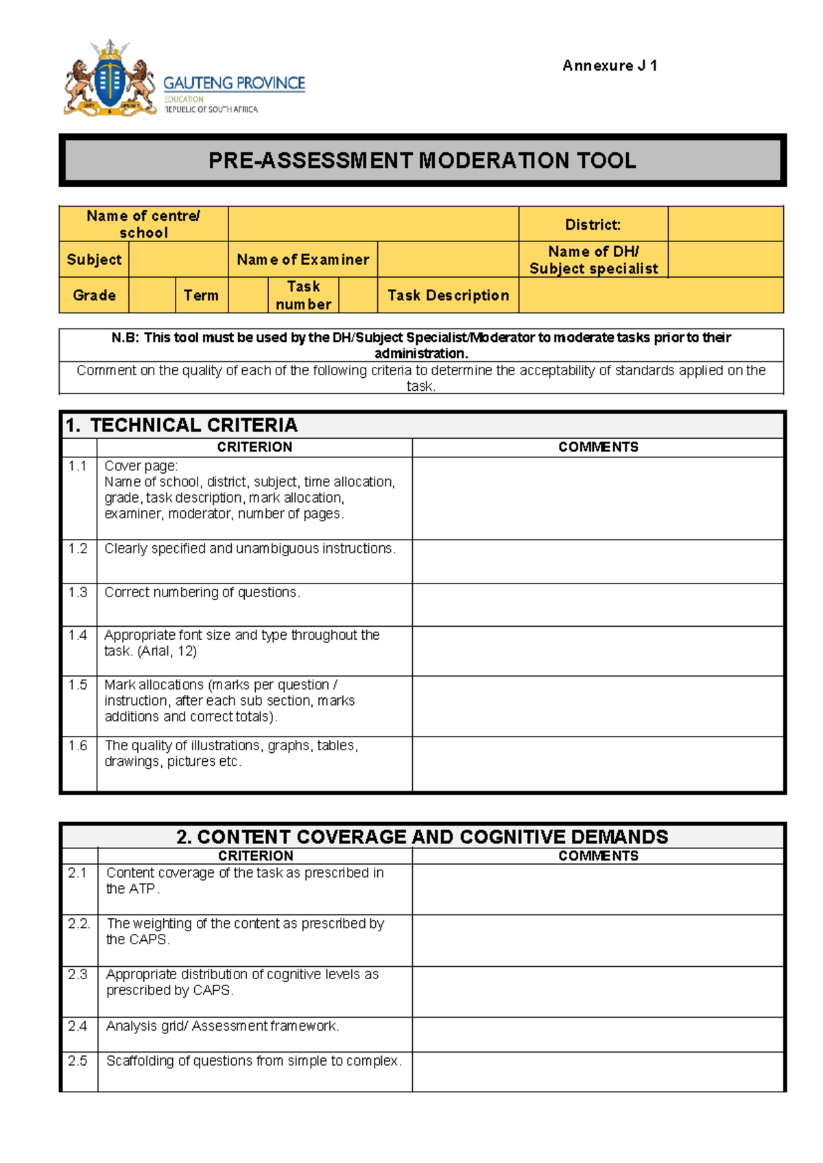 Annexure J1 Assessment Tool for Pre-Moderation of Tasks - Studocu