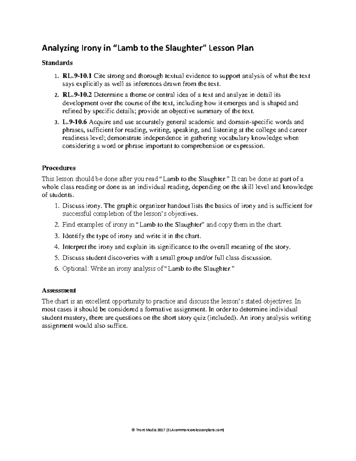 Analyzing Irony in Lamb to the Slaughter - RL.9-10 Cite strong and ...