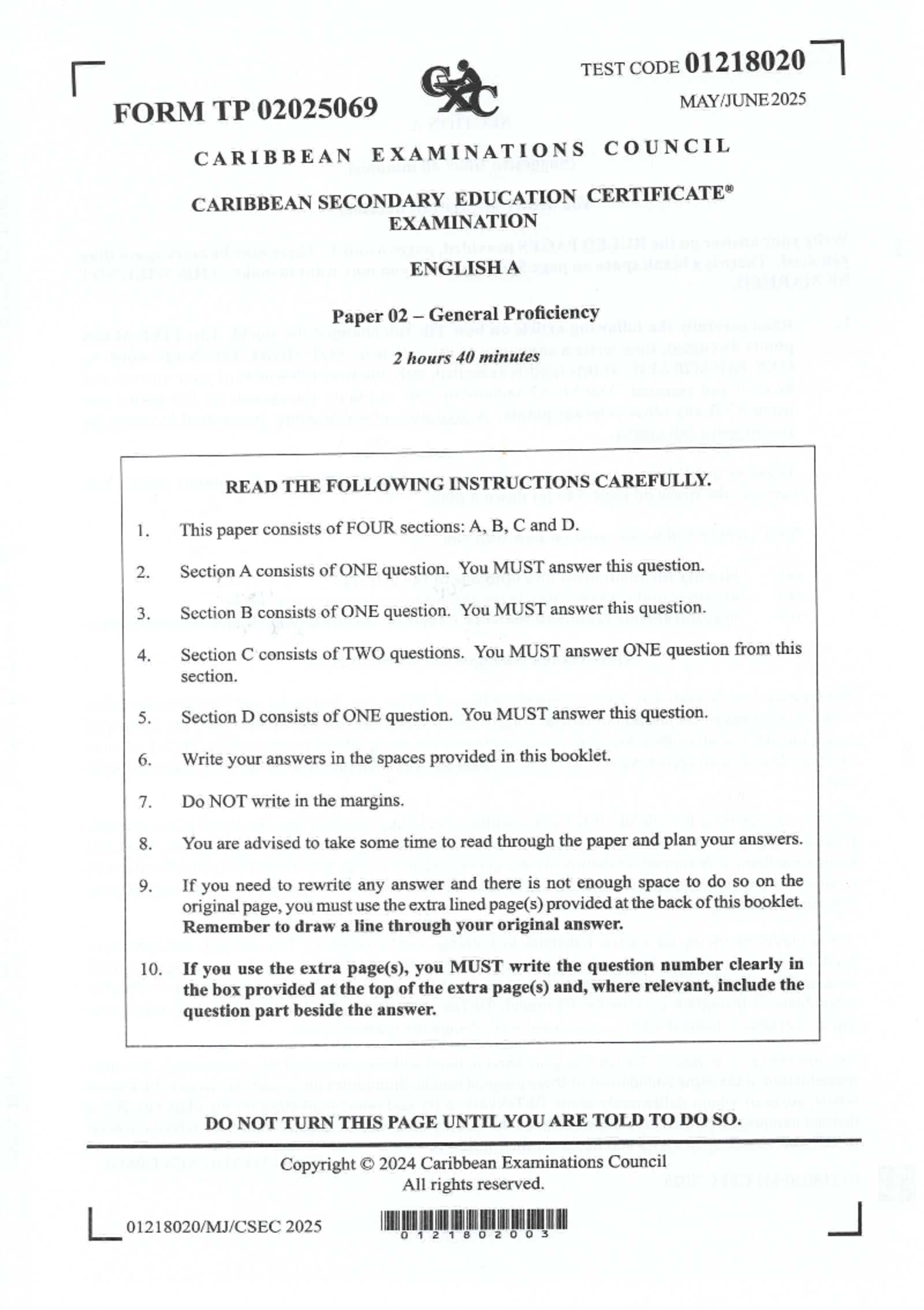 English A 2025: CSEC Exam Paper 02 Instructions & Summary Guidelines ...