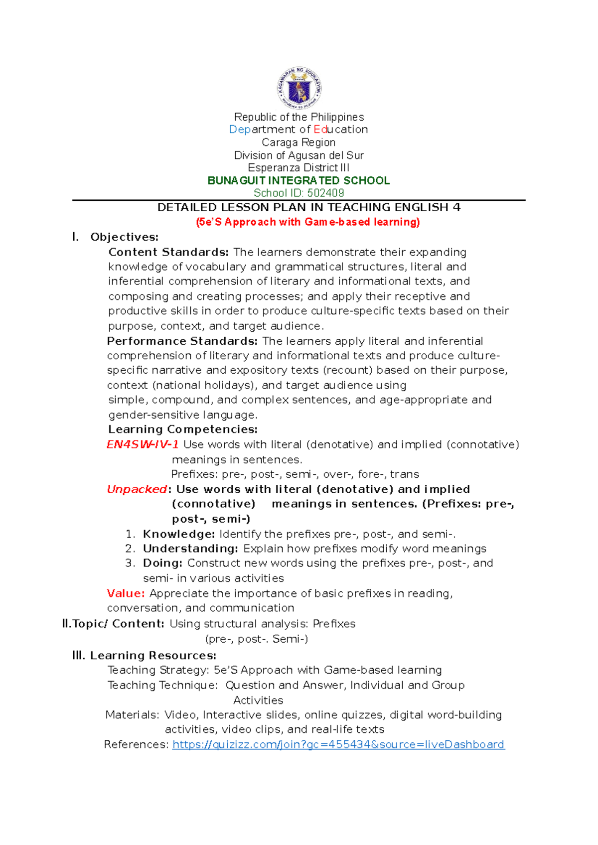 Villapane English 4 Q4 - LESSON PLAN - Republic of the Philippines ...