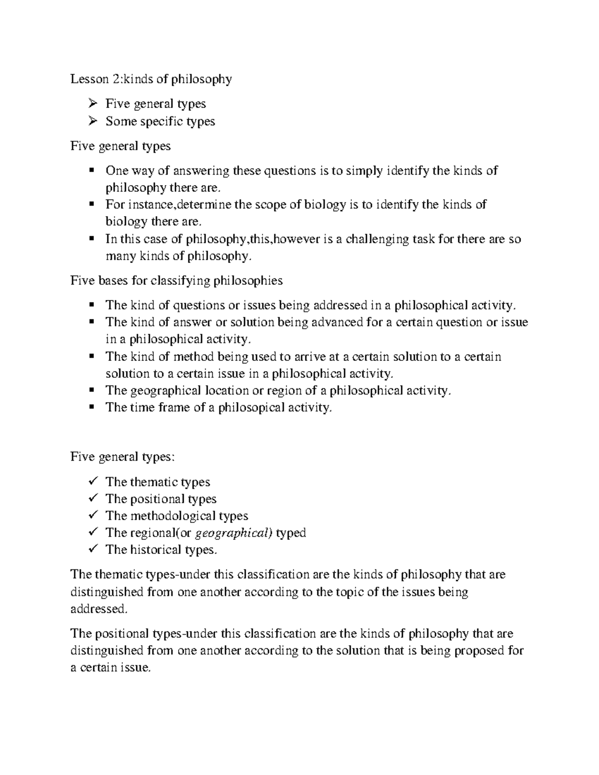 Lesson 2: Types and Classifications in Philosophy Overview - Studocu