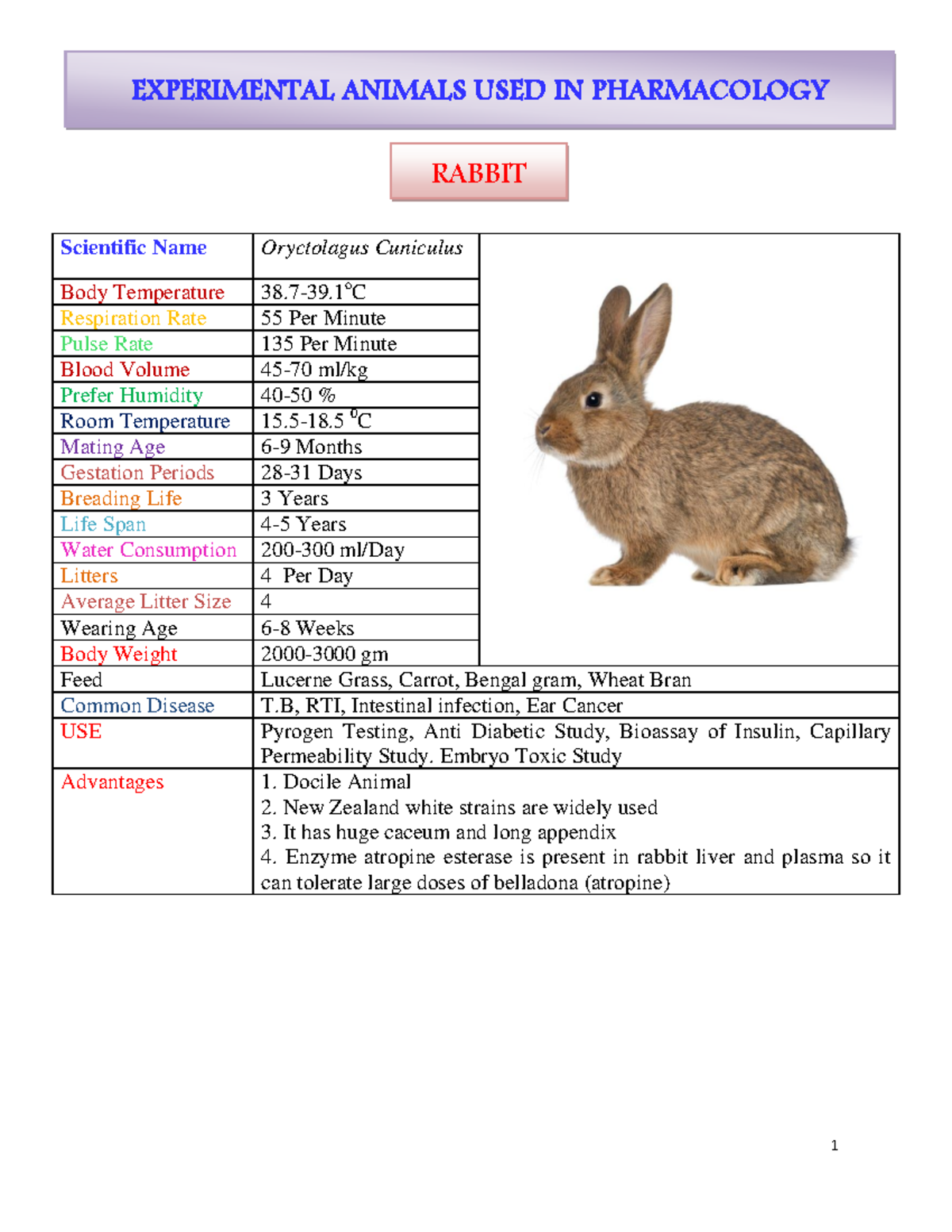 Experimental Animals in Pharmacology: Rabbit, Guinea Pig, Mice, Hamster ...