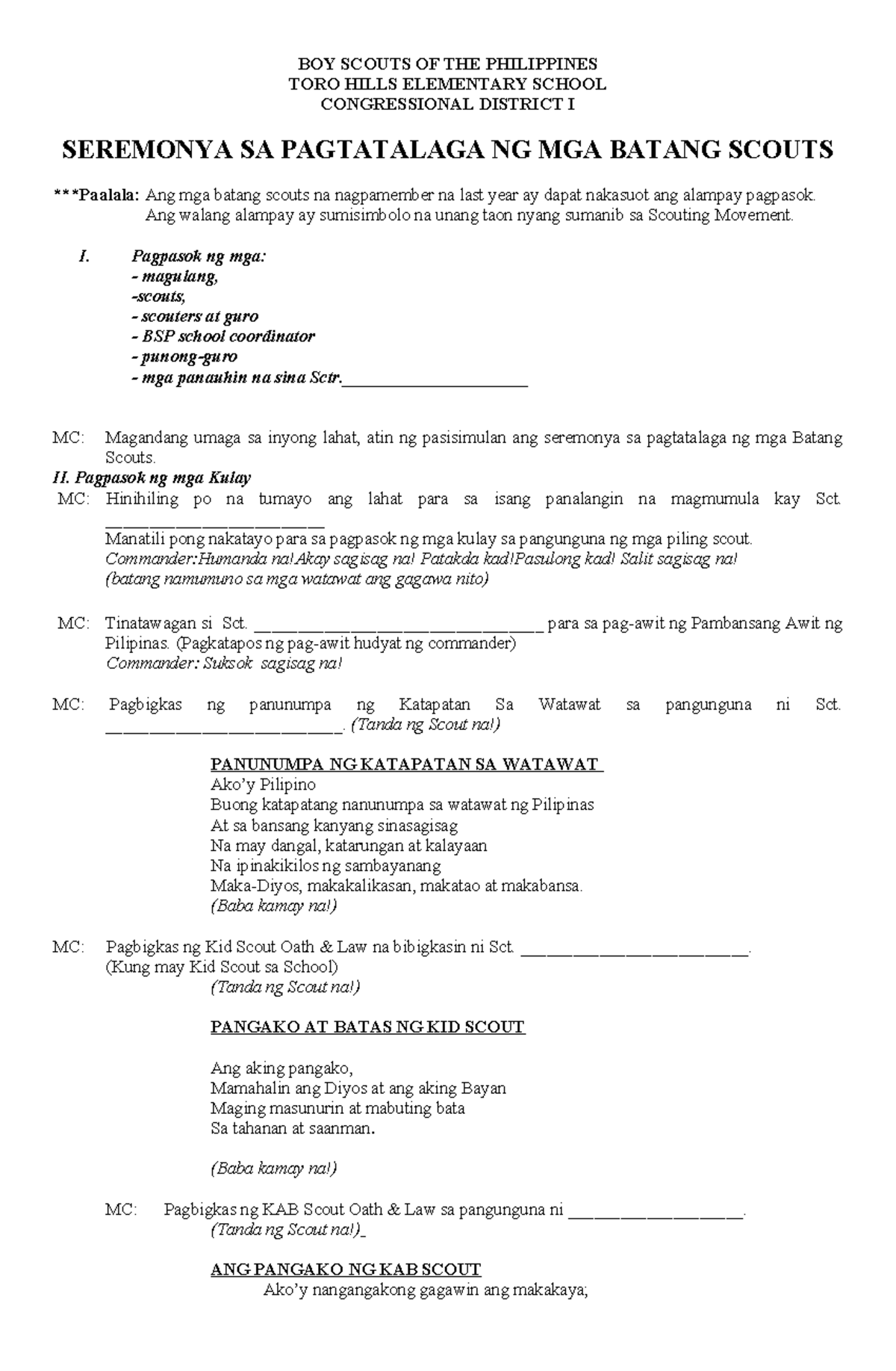 BOY SCOUTS OF THE PHILIPPINES: SEREMONYA SA PAGTATALAGA NG MGA BATANG ...