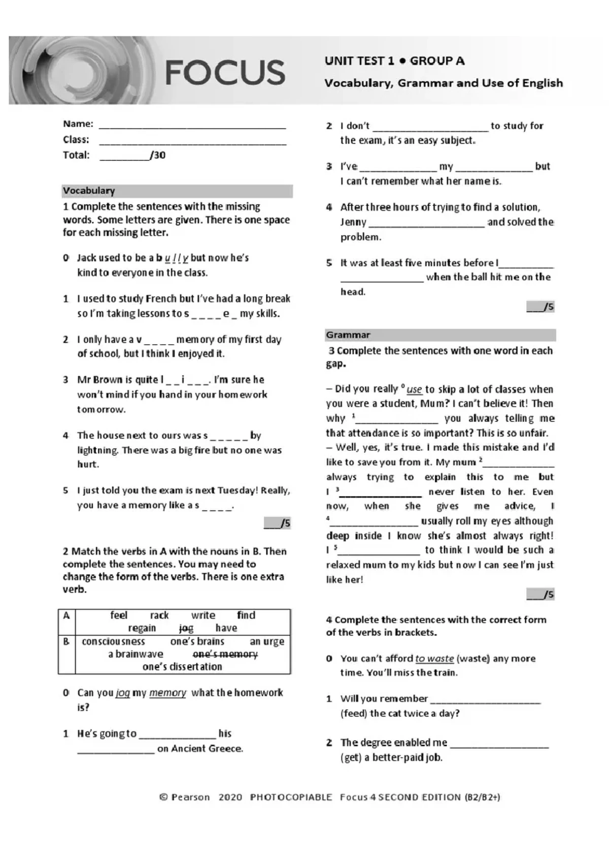 538463731 Focus 4 2E Workbook Answers - 1 Vocabulary Exercise 1 1 go 2 person 3 further 4 prove ...