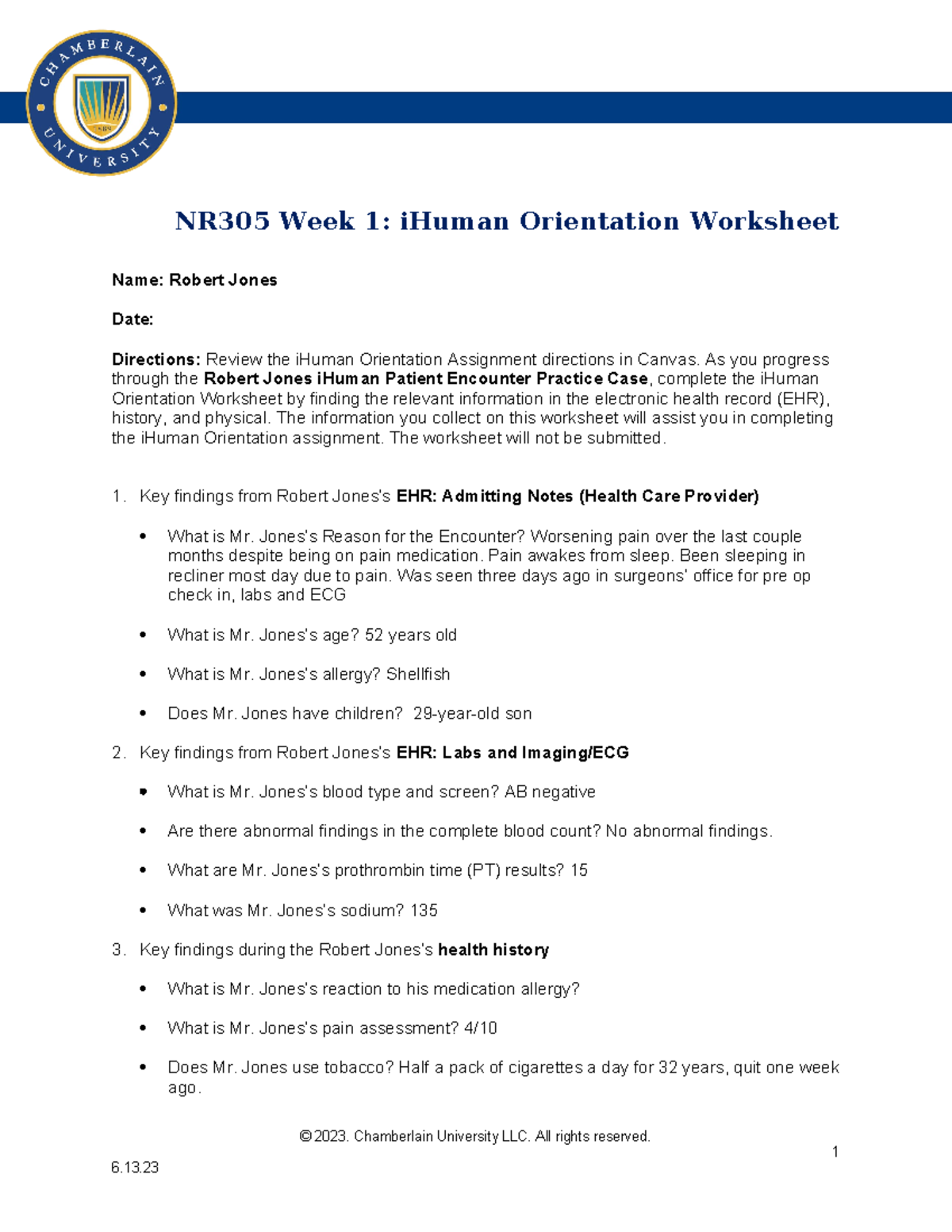 NR305 Week 1: iHuman Orientation Worksheet for Robert Jones - Studocu