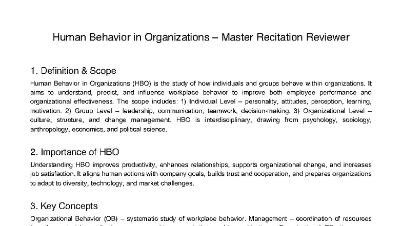 HBO Master Recitation Review: Understanding Human Behavior in Organizations - Studocu
