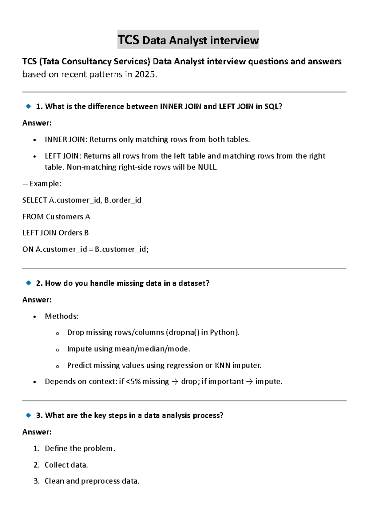 TCS Data Analyst Interview Q&A Guide for 2025 - Studocu