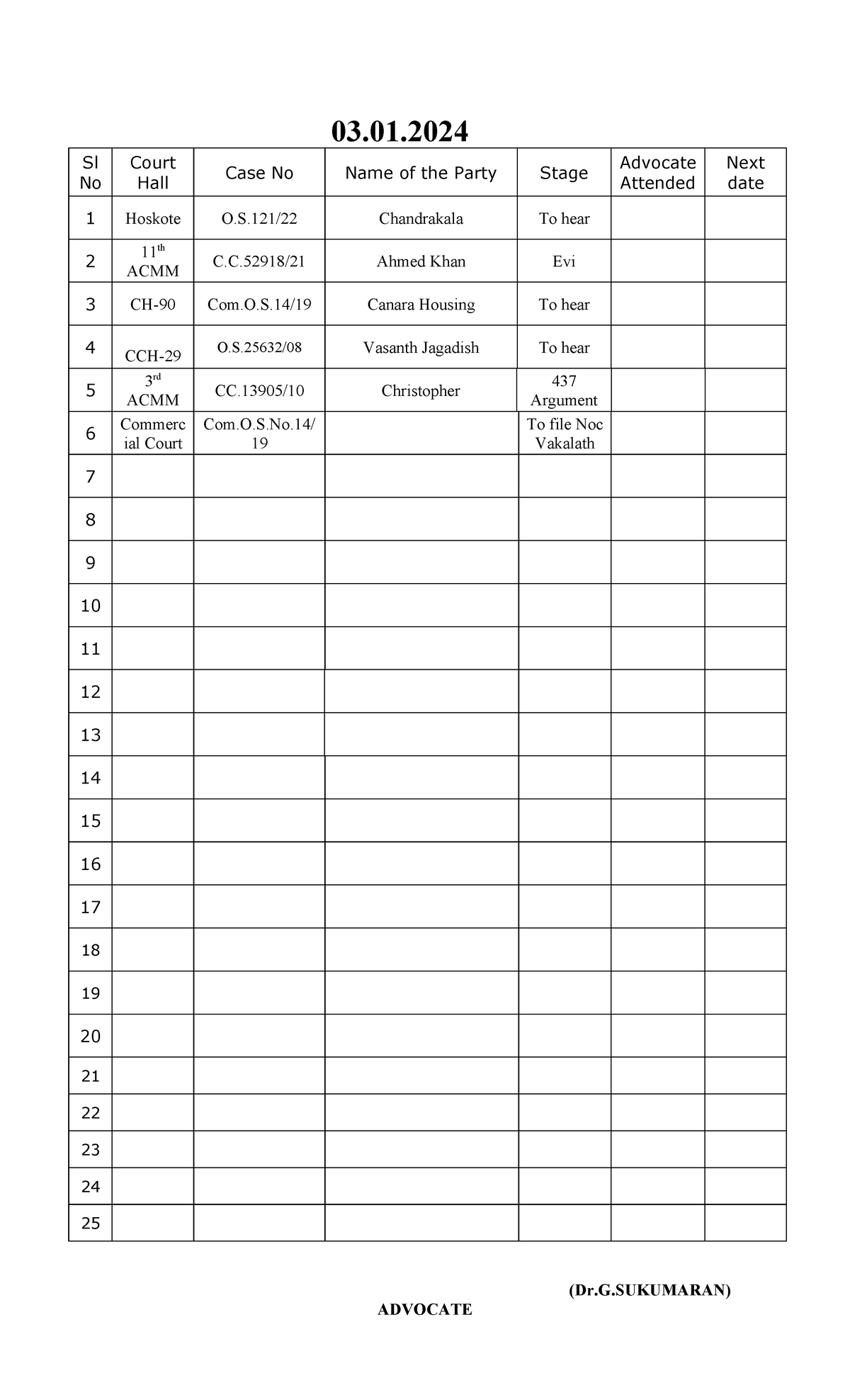 Daily Court List for January 2024 - Advocate Dr. G. Sukumaran - Studocu