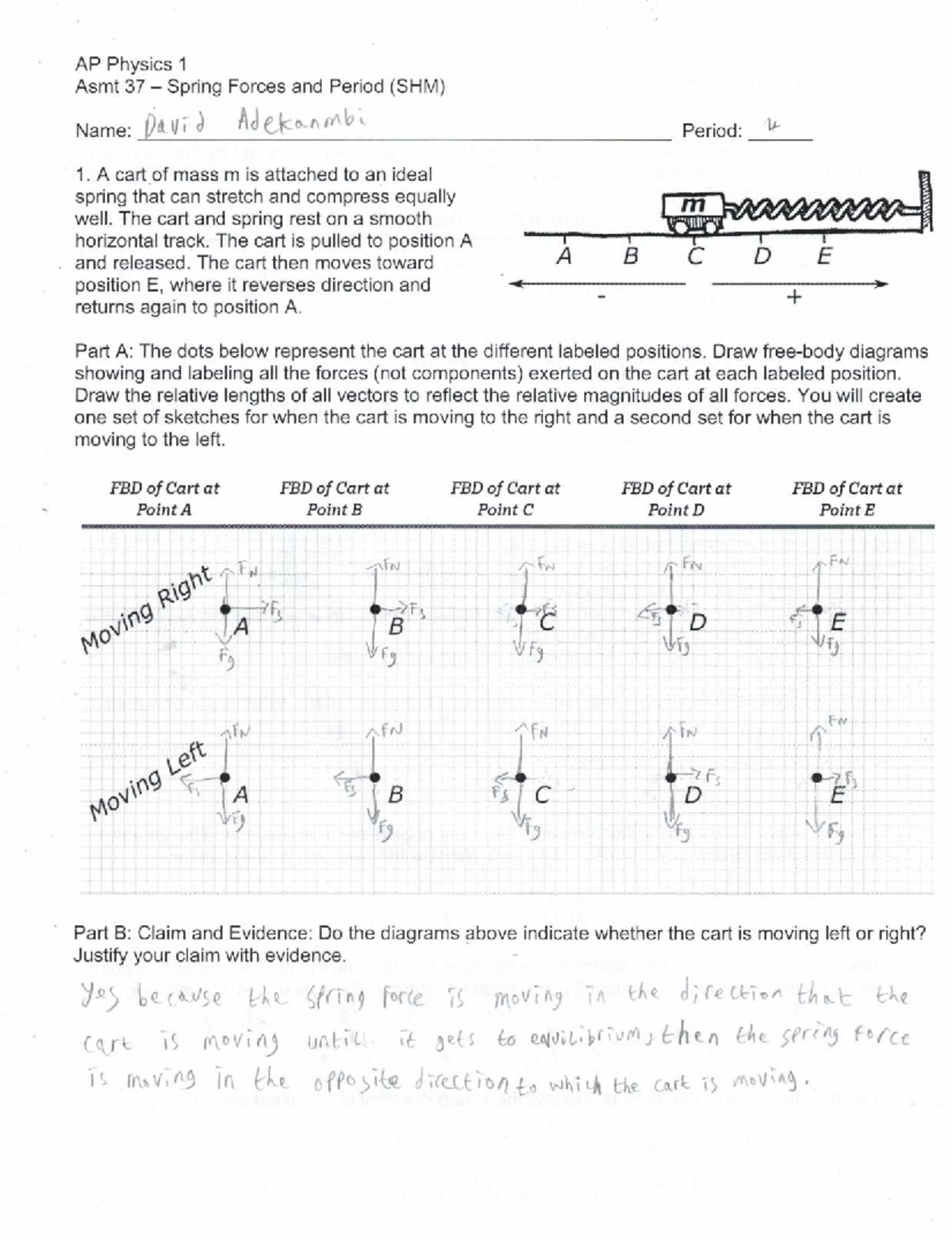 AP Physics 1 Asmt 37: Spring Forces & SHM Analysis by David A. - Studocu