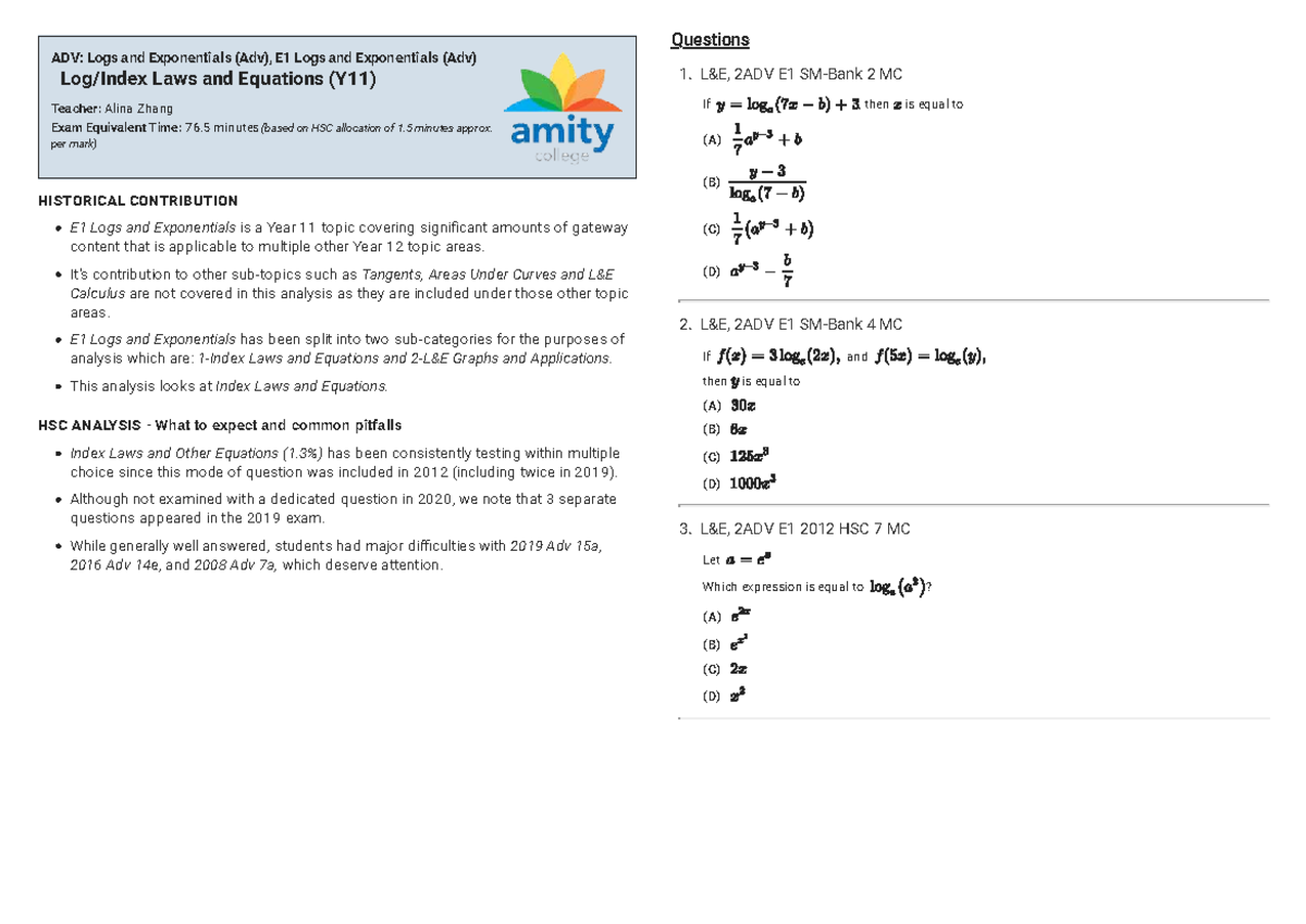 ADV E1 Logs and Exponentials Analysis and Solutions (Y11) - Studocu