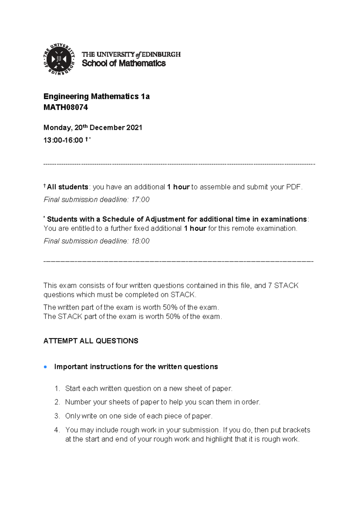 MATH08074 Final Exam Notes for Engineering Mathematics 1a - Studocu