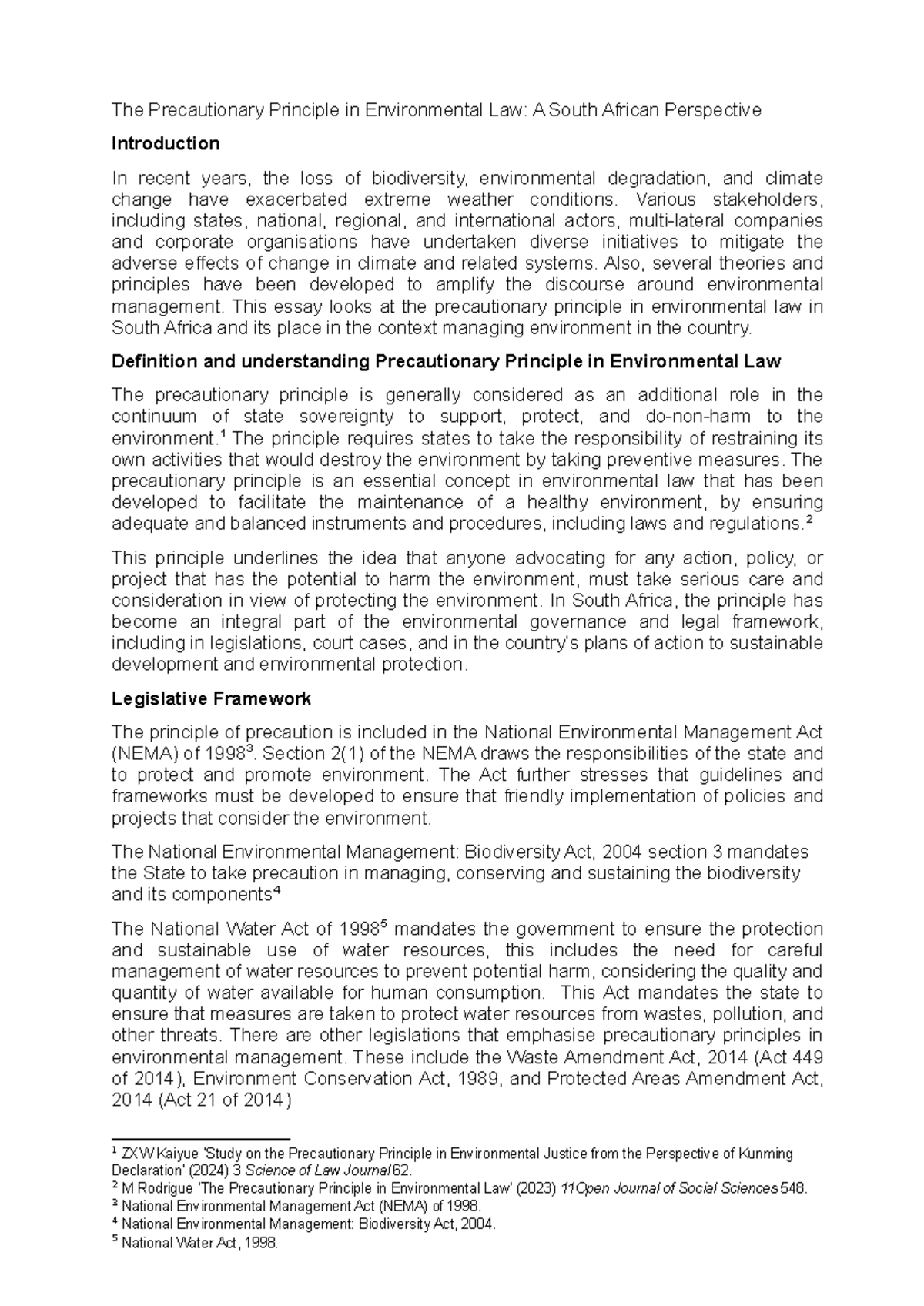 The Precautionary Principle in Environmental Law: A SA Case Study - Studocu