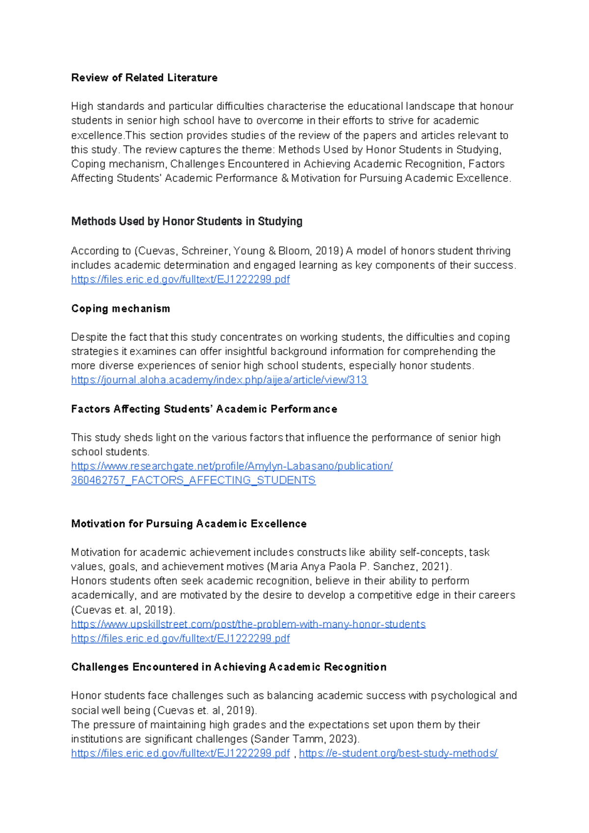 Review of Related Literature on Honor Students' Academic Challenges ...