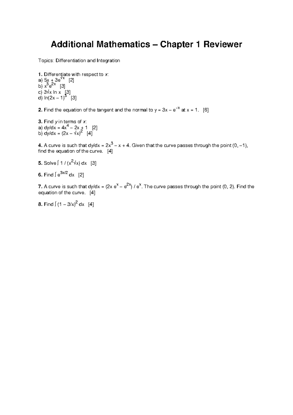 Add Math 1: Differentiation & Integration Reviewer - Studocu