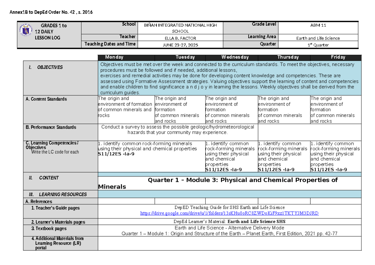 ELS DLL Week 2: Daily Lesson Log for Earth and Life Science - Studocu