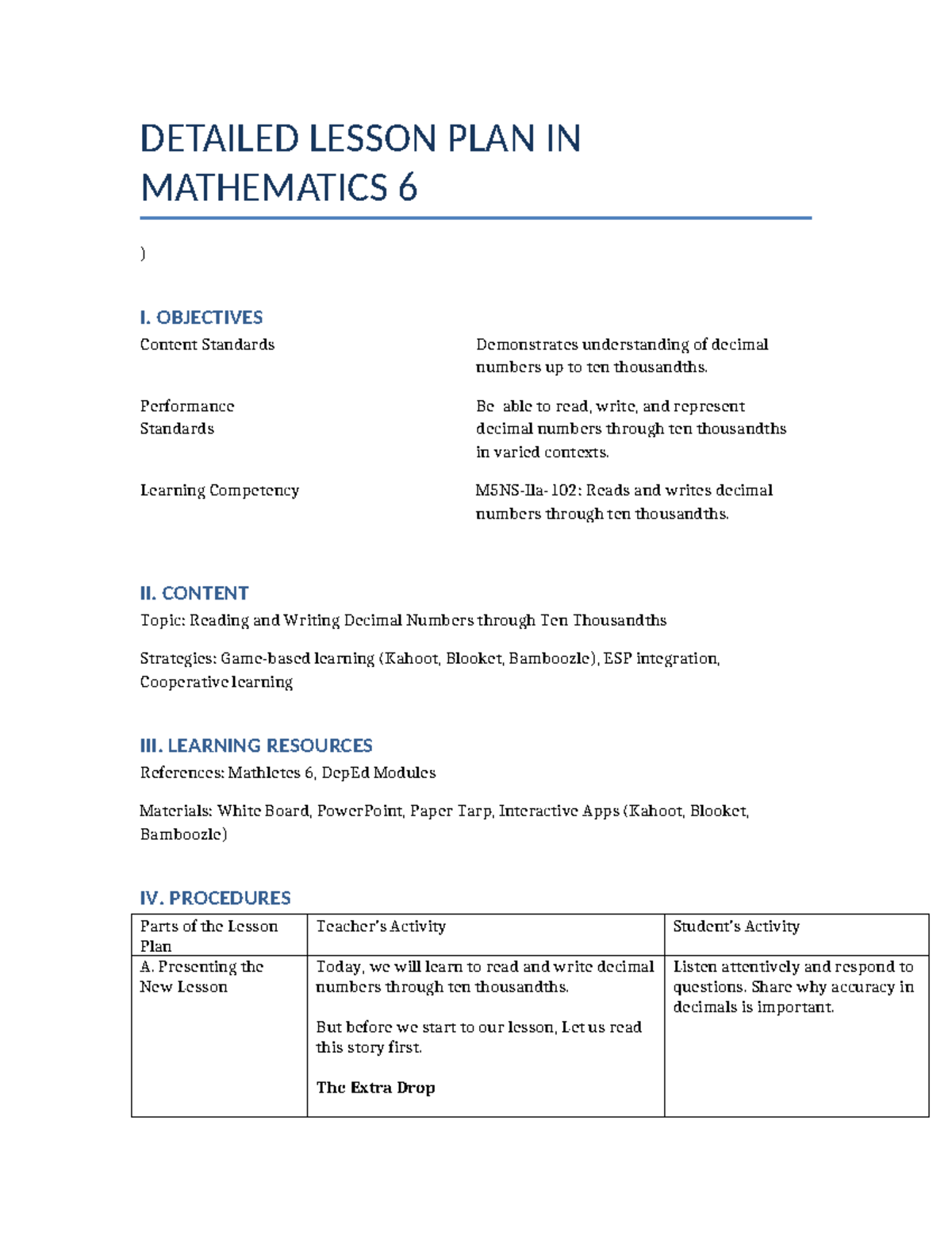 MATH 6: Detailed Lesson Plan on Reading & Writing Decimals - Studocu