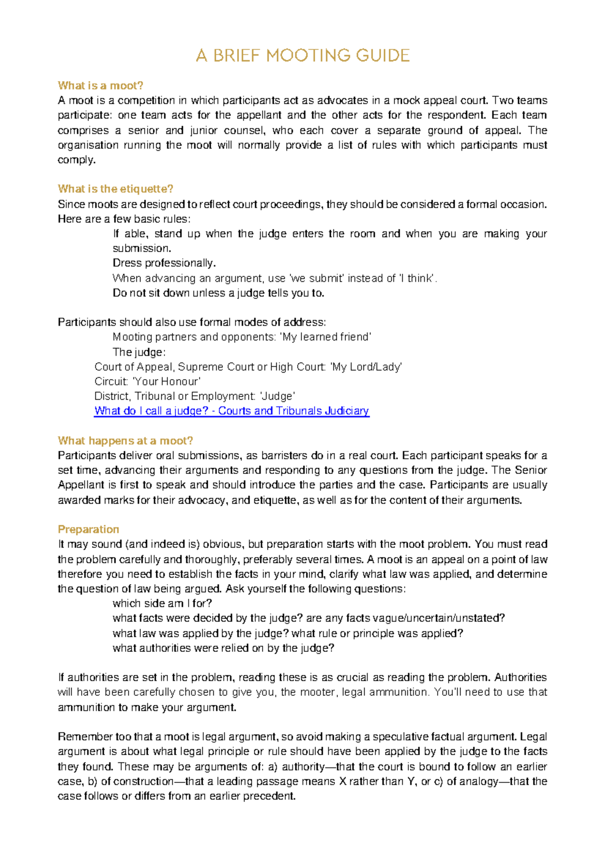 A Brief Mooting Guide: Tips for Effective Advocacy and Etiquette - Studocu