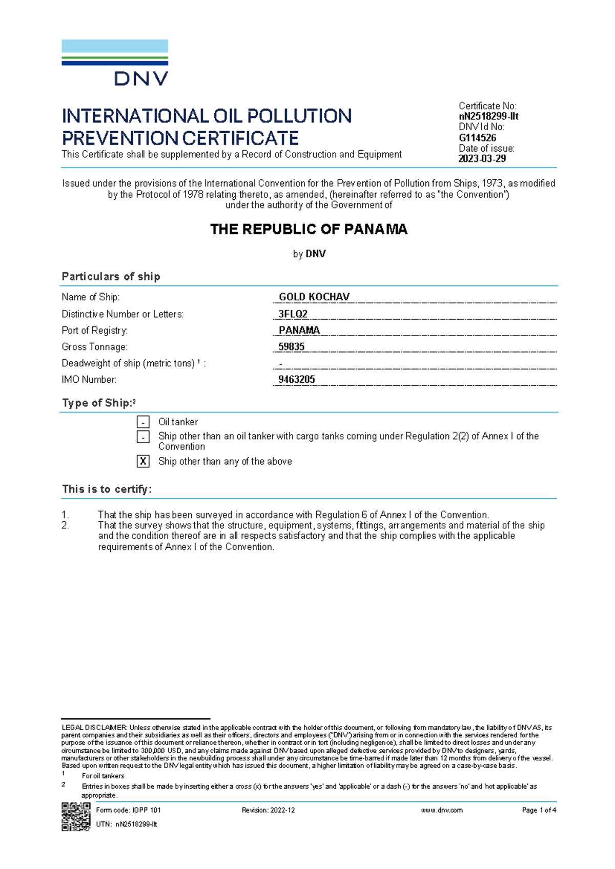 International OIL Pollution Prevention Certificate IOPP 101 (Rev 2022 ...