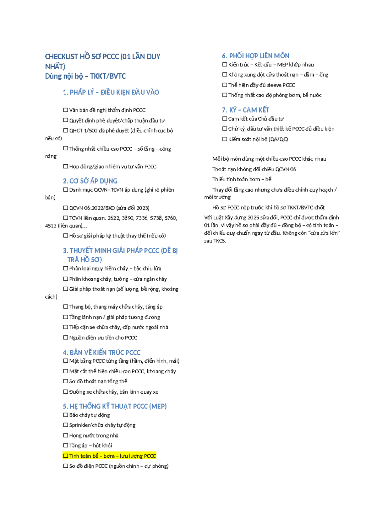 Checklist PCCC 1 Lần Duy Nhất: Yêu Cầu Pháp Lý và Kỹ Thuật - Studocu