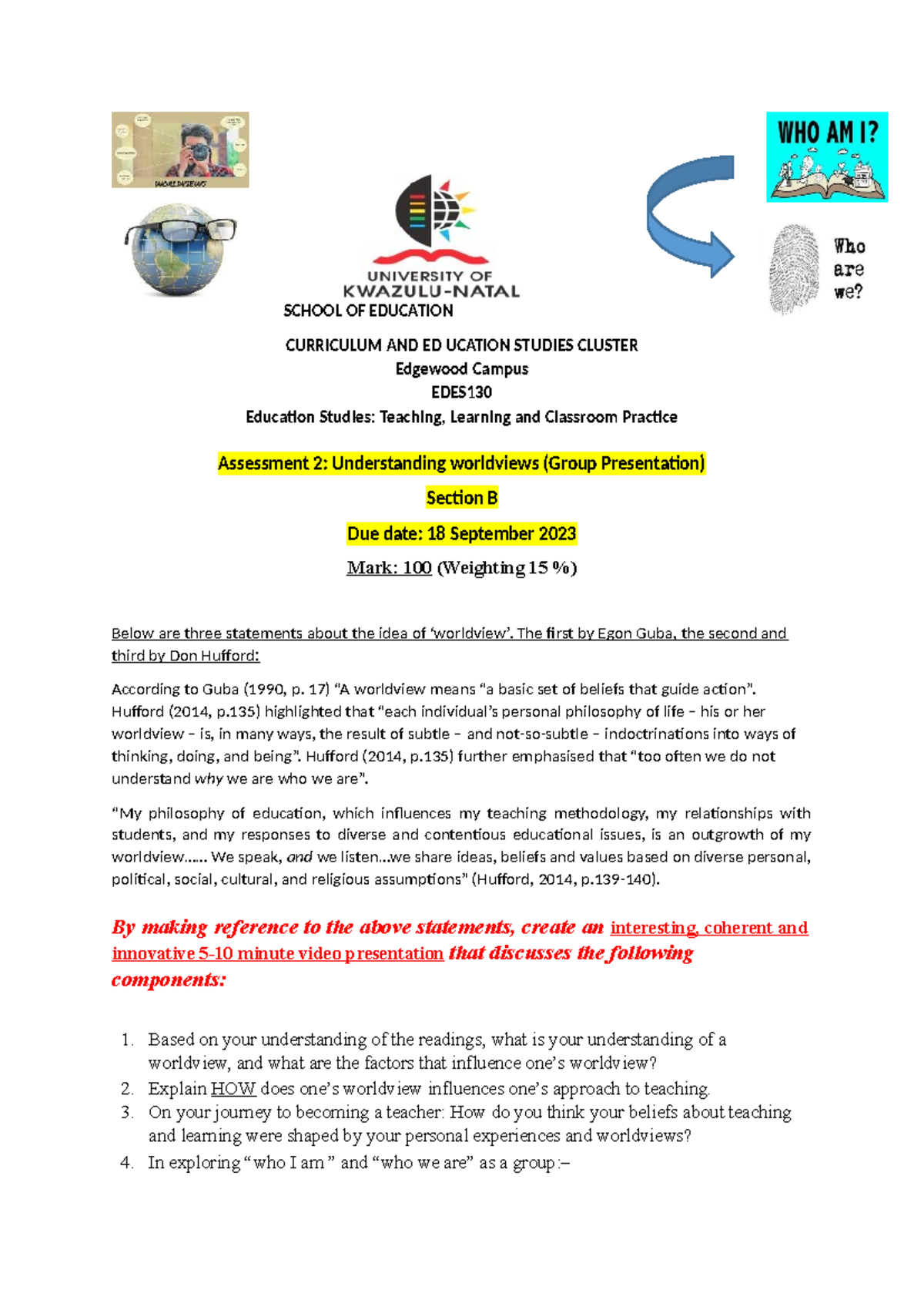 EDES130 Assessment 2: Understanding Worldviews in Education Studies ...