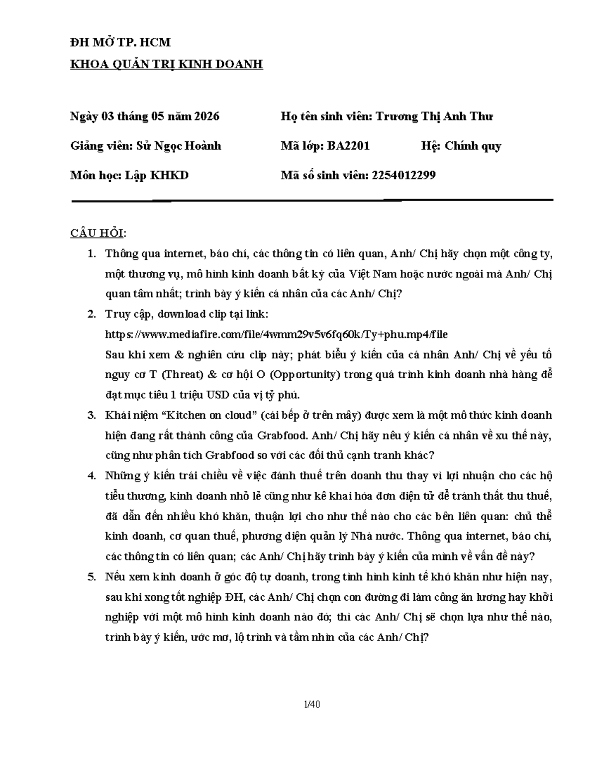 Bài Tập Giữa Kỳ Môn Lập KHKD - BA2201 - Studocu