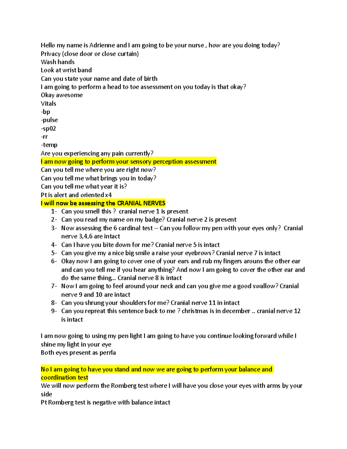 Head to toe assessment script - Hello my name is Adrienne and I am ...