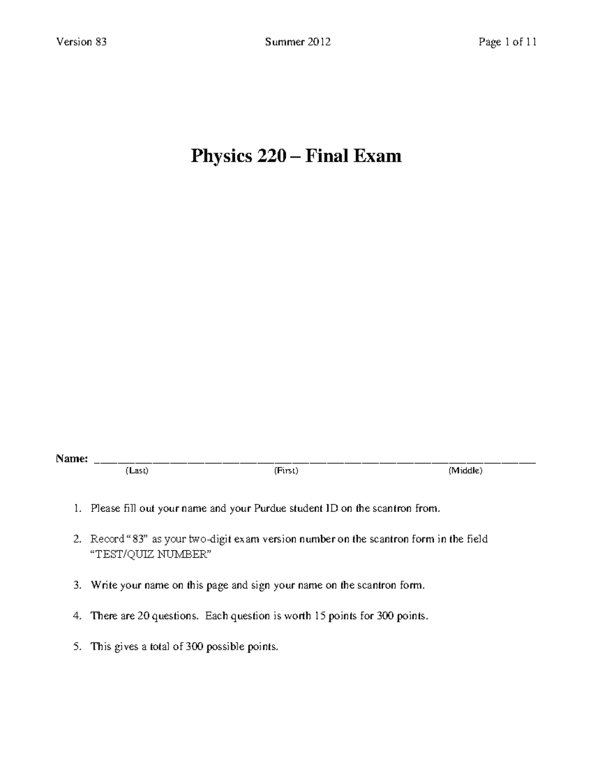 Final Exam Review - Physics 220 - Summer 2012 - Version 83 - Studocu