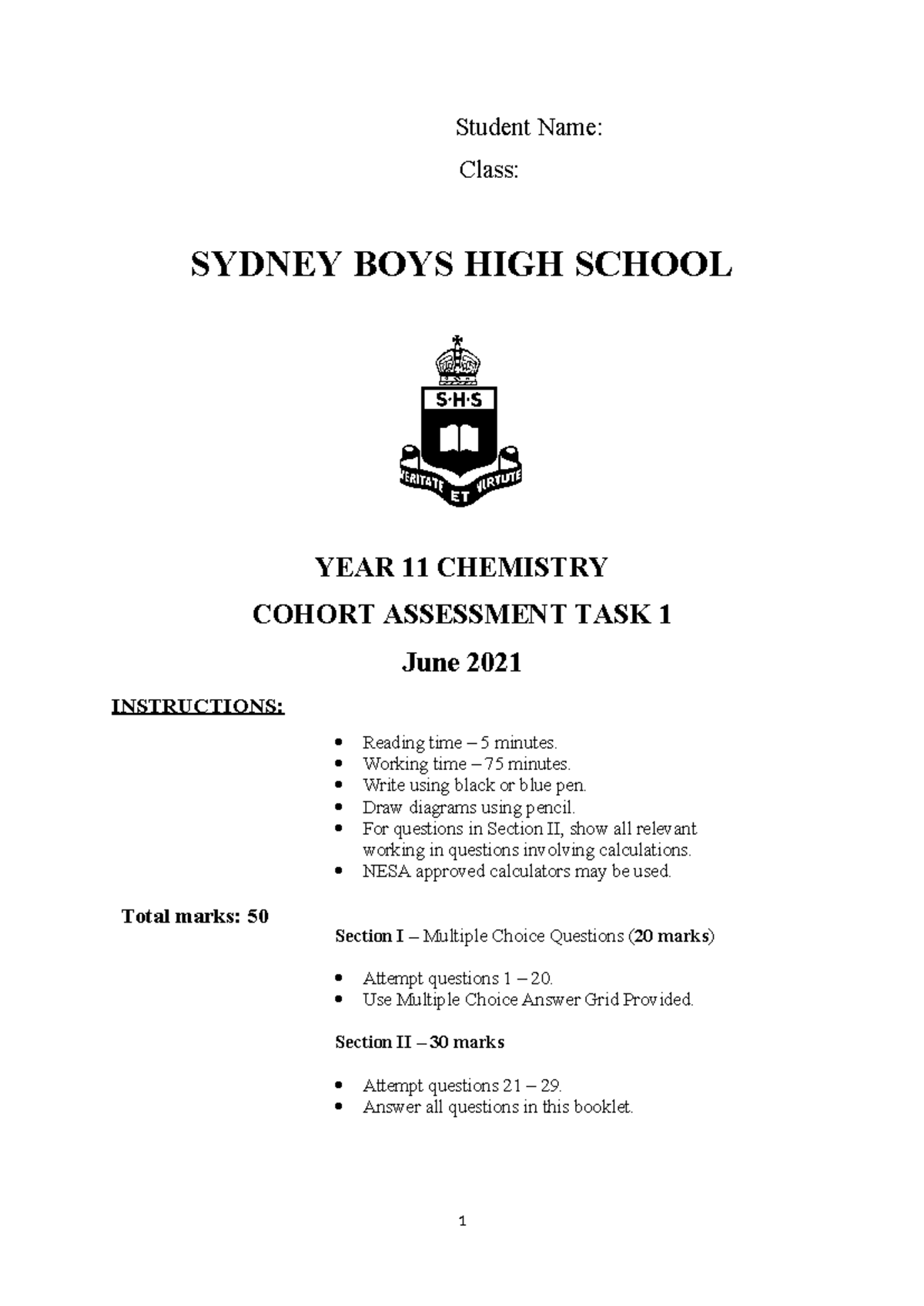 Yr11 HSC Chem Assessment Task 1 - June 2021 Overview and Questions ...