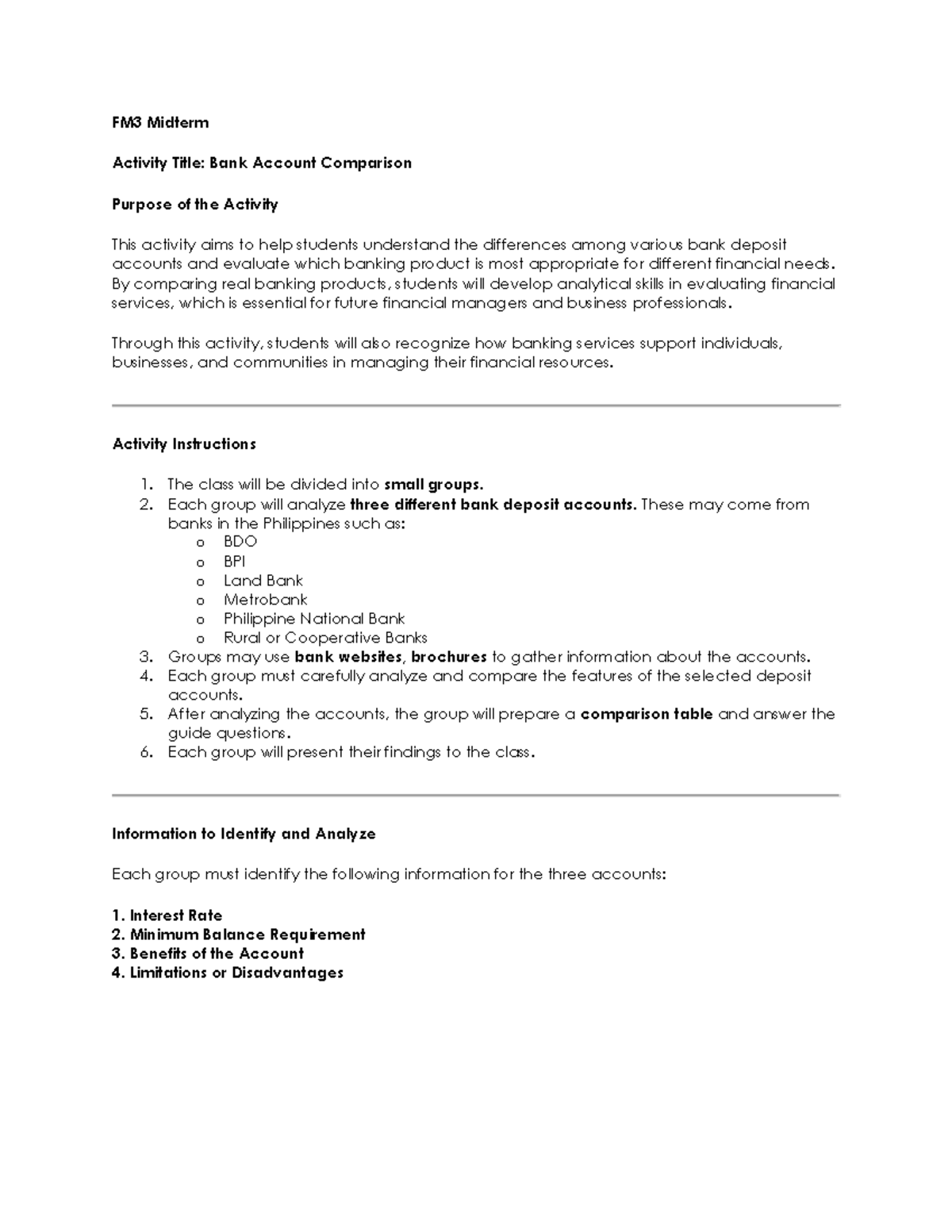 FM3 Midterm Group Work: Bank Account Comparison Activity - Studocu