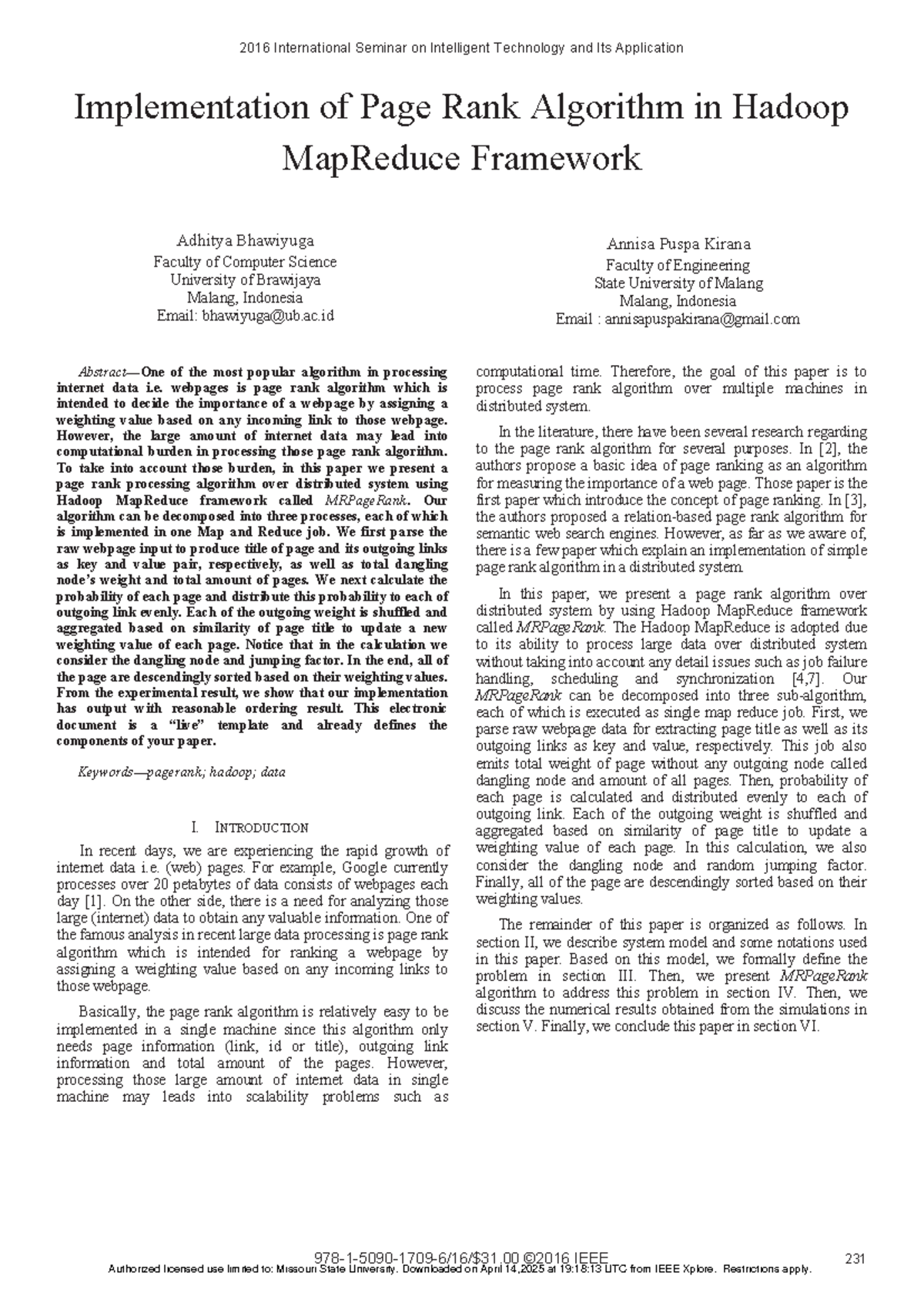 Implementation of Page Rank Algorithm Using Hadoop MapReduce Framework - Adhitya Bhawiyuga ...