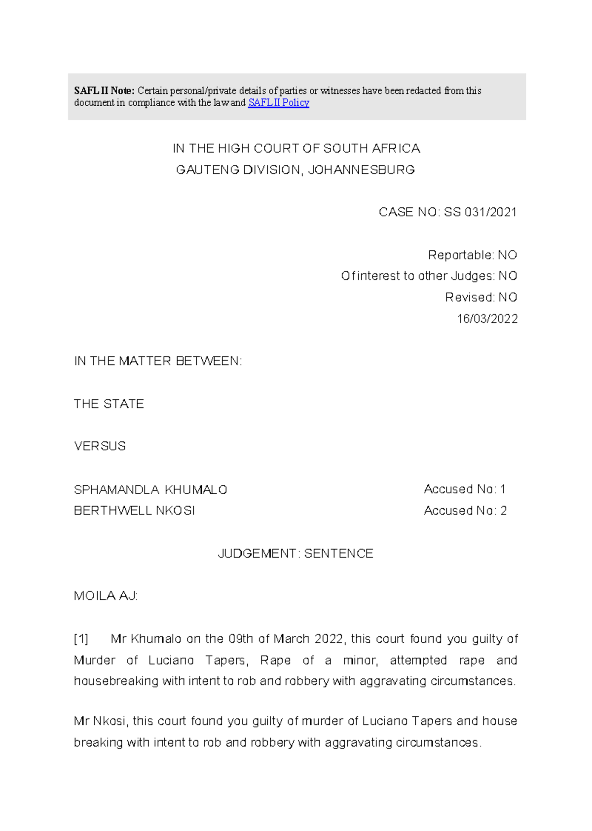 S v Khumalo: High Court Sentencing Judgment on Serious Crimes - Studocu