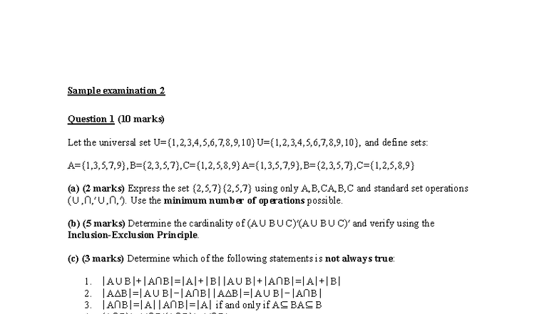 Sample Examination 2: Set Theory and Functions Analysis - Studocu