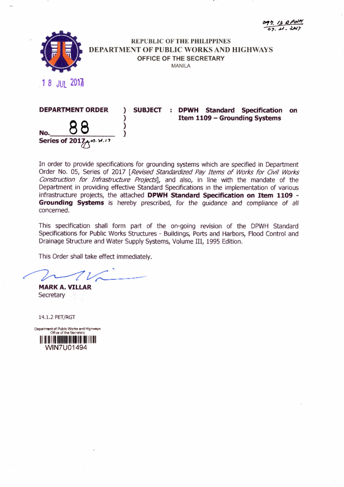 DPWH Standard Specification for Item 1109 - Grounding Systems - Studocu