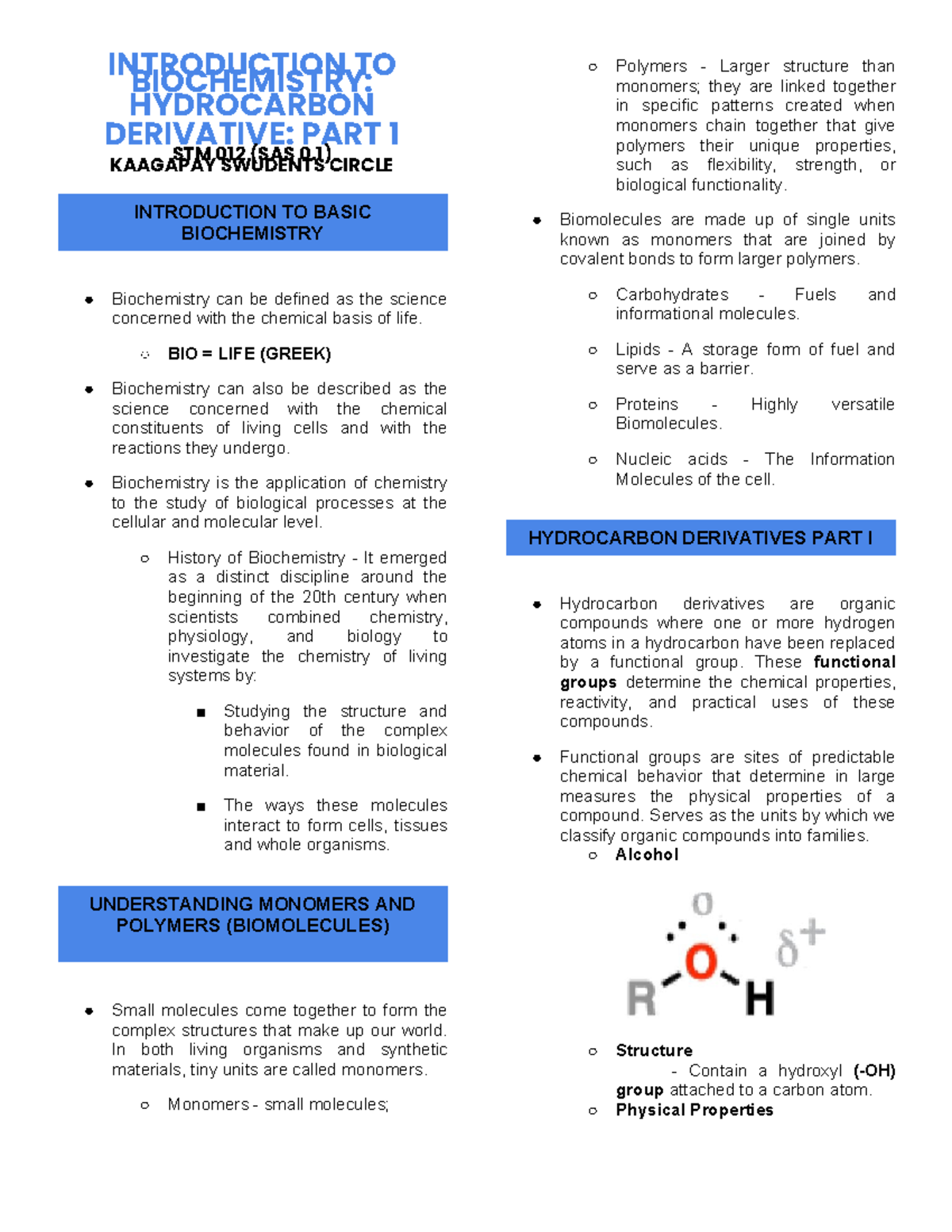INTRODUCTION TO BIOCHEMISTRY: HYDROCARBON DERIVATIVES PART 1 STM 012 ...