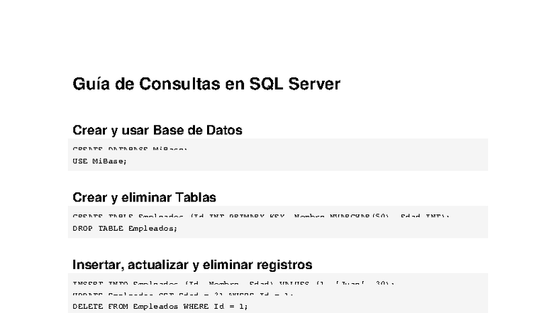 Guía de Consultas SQL Server - Apuntes de Clase - Studocu