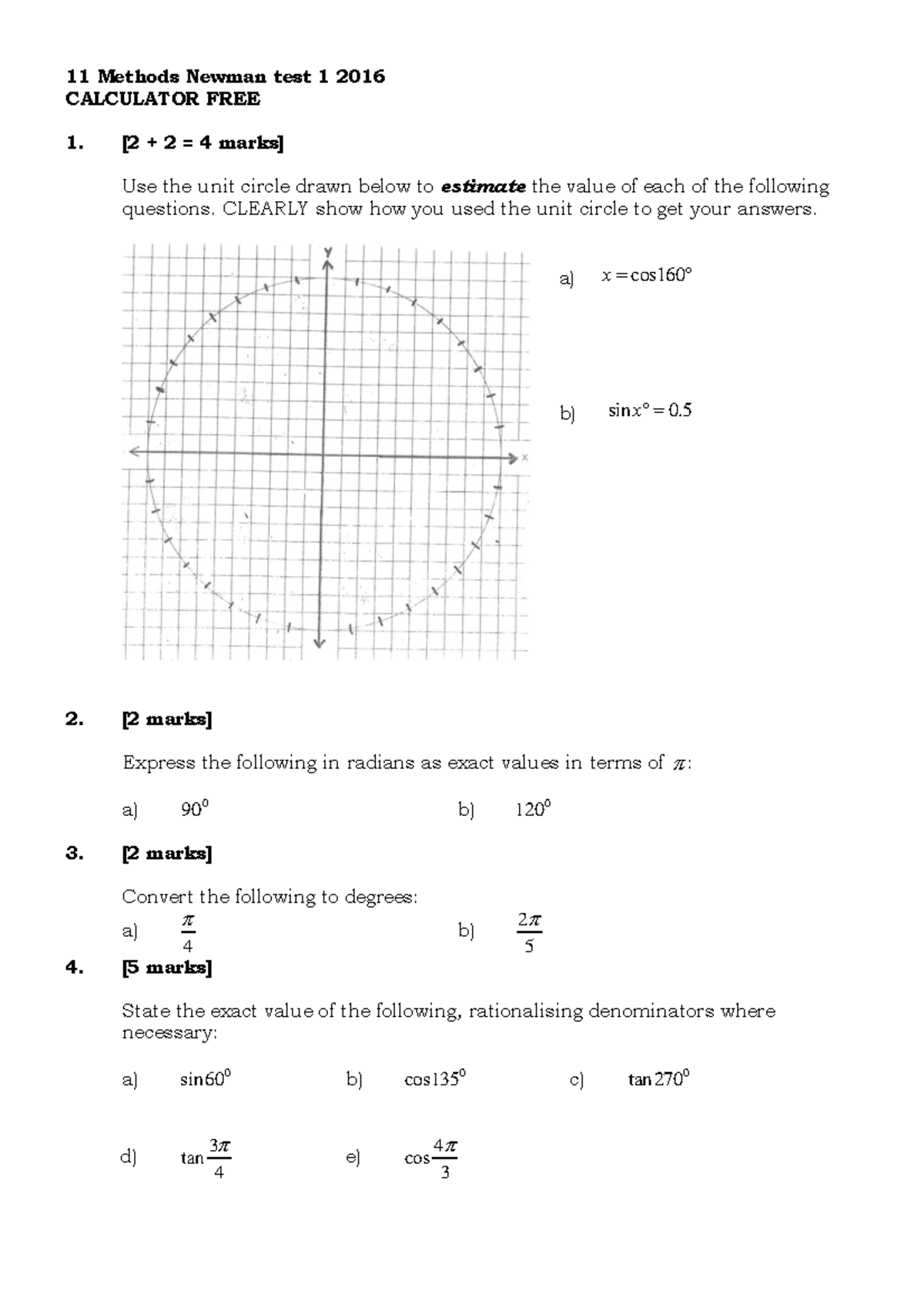 11 Methods Newman Test 1 2016 - Calculator Free Exam Guide - Studocu