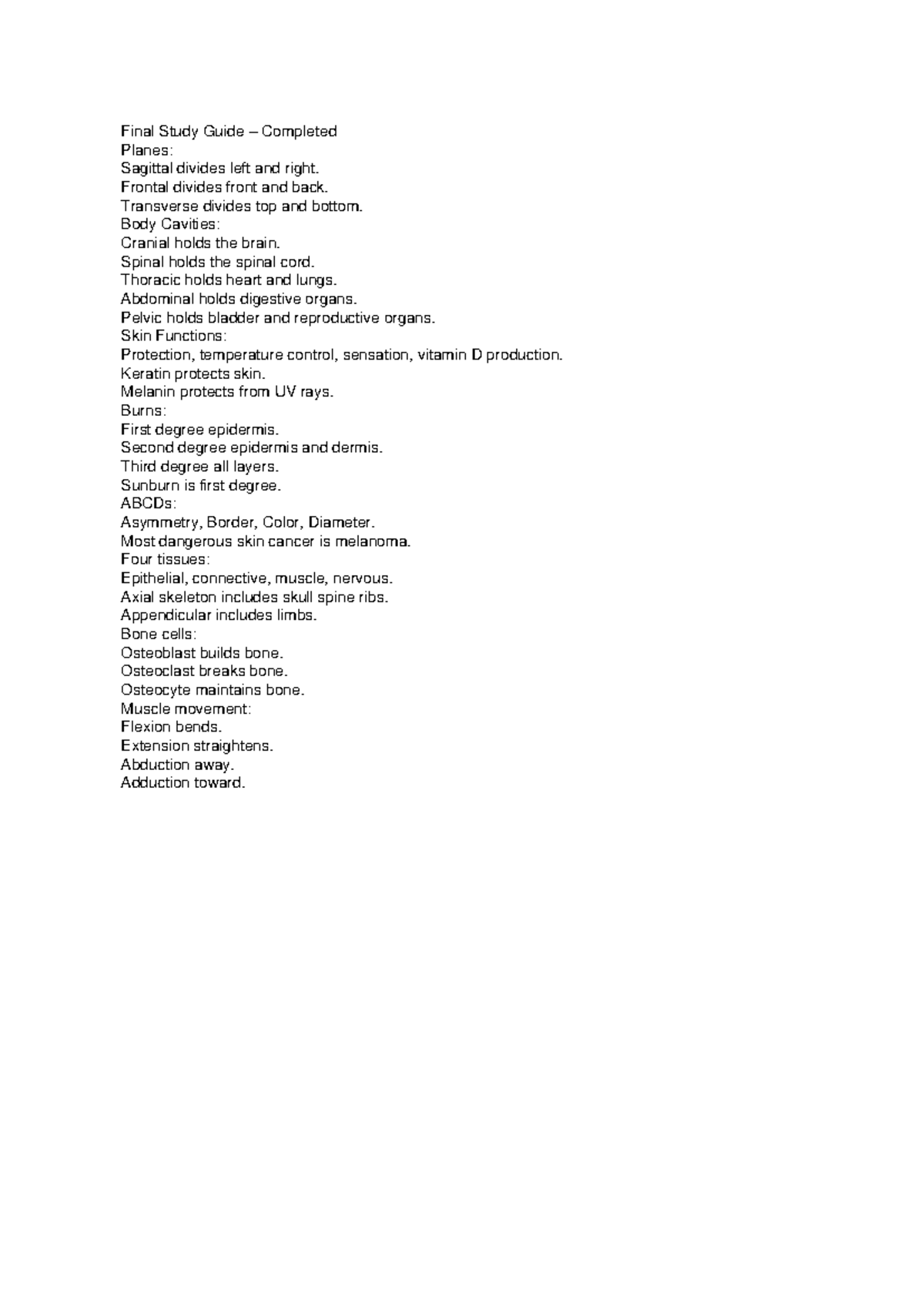 Physio Final Exam Study Guide: Body Planes, Cavities & Skin Functions ...