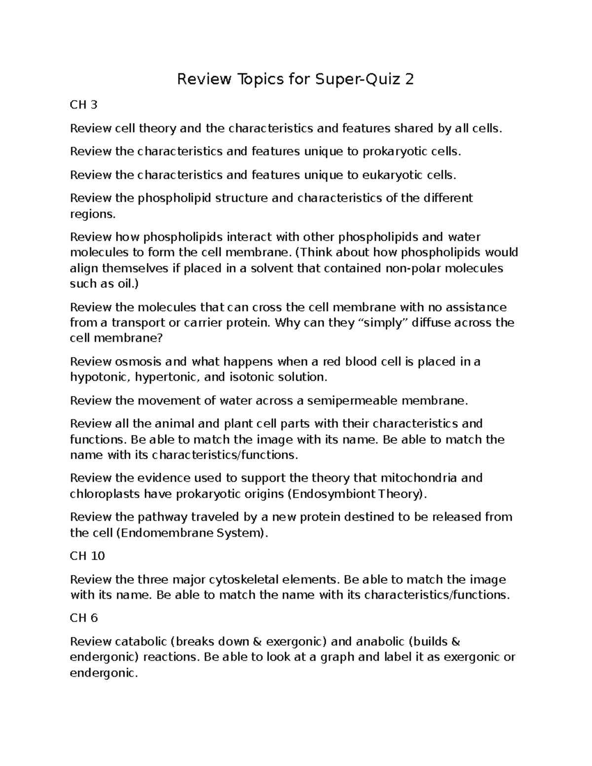Biology Super-Quiz 2 Review: Cell Theory & Reactions (Ch 3, 6, 10 ...