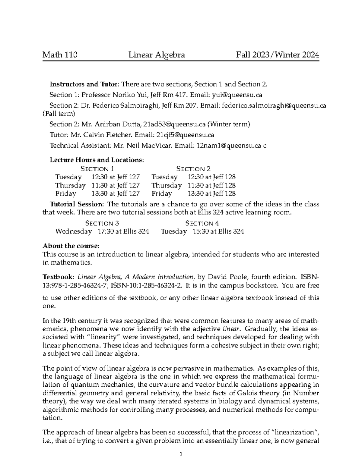 Math 110 Syllabus: Linear Algebra Fall/Winter 2023-2024 Overview - Studocu